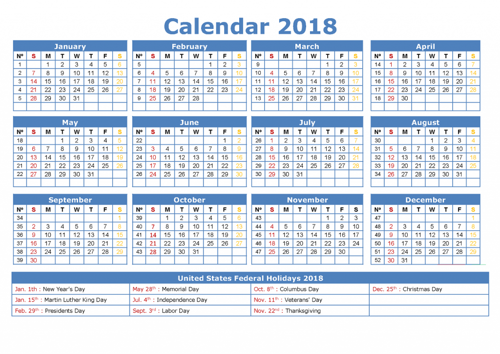 Yearly Calendars 2018 Printable Free with Holiday | Learning Printable
