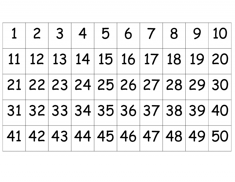 Printable 50 Number Chart for Preschool | Learning Printable Printable ...